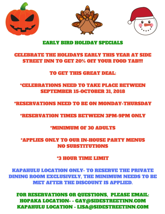 early bird holiday specials-1 - Side Street Inn