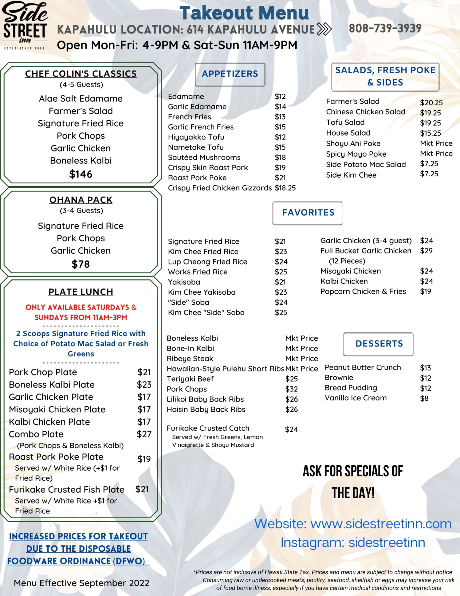 Take Out Menu - Side Street Inn