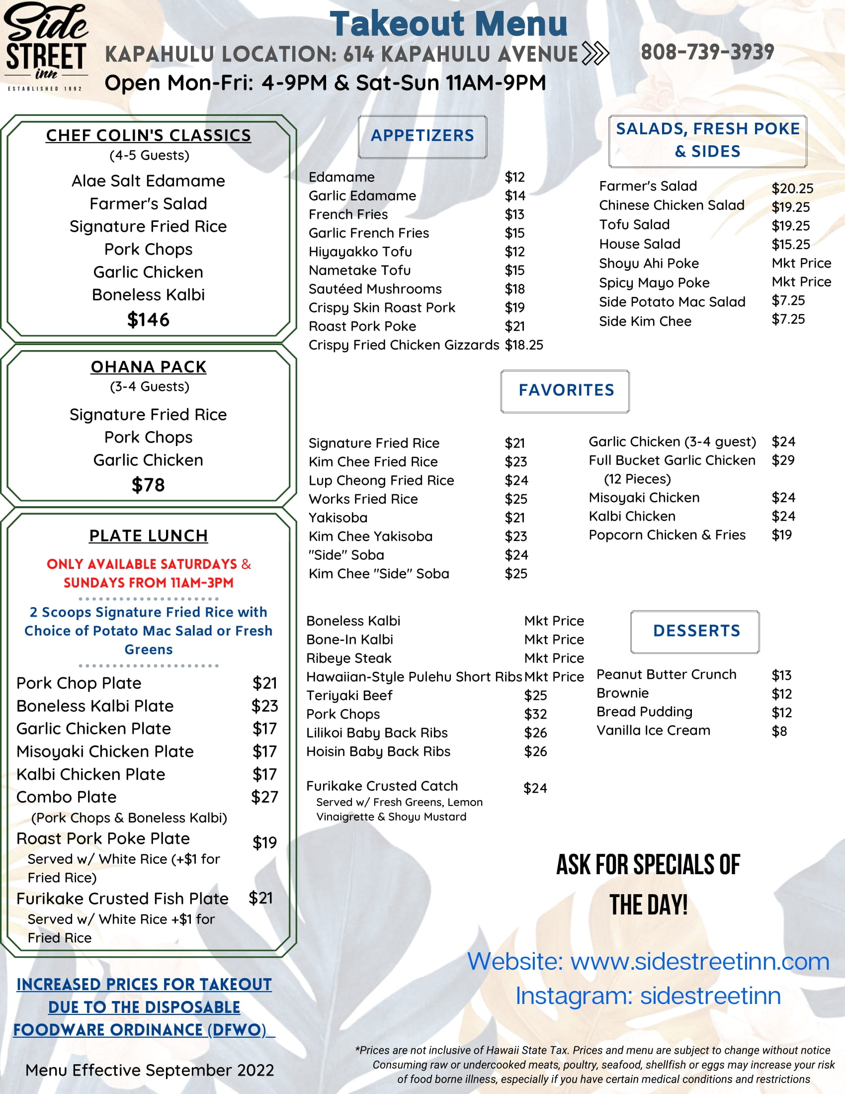 Take Out Menu - Side Street Inn