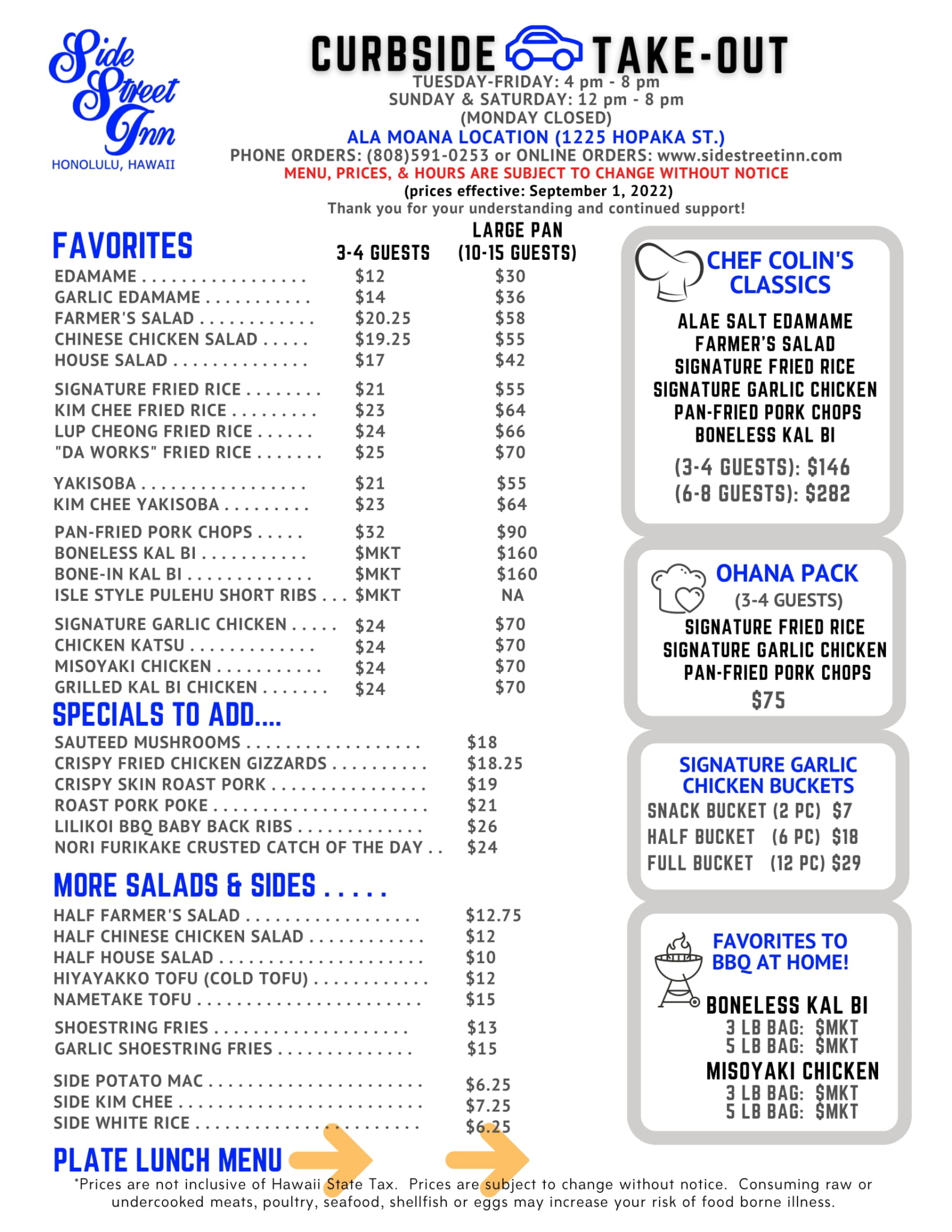 Ala Moana Take Out Menu - Side Street Inn