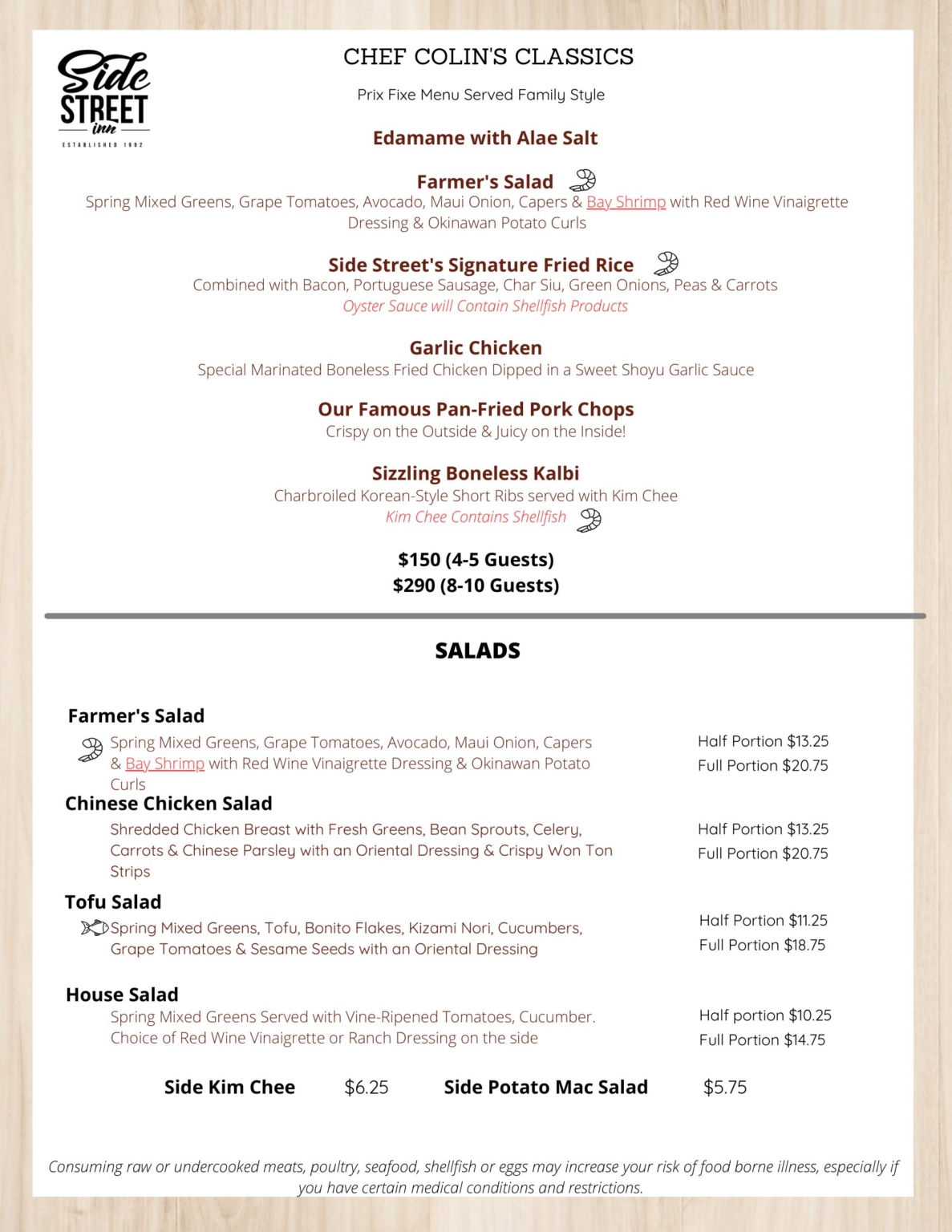 In-House Dining Menu - Side Street Inn