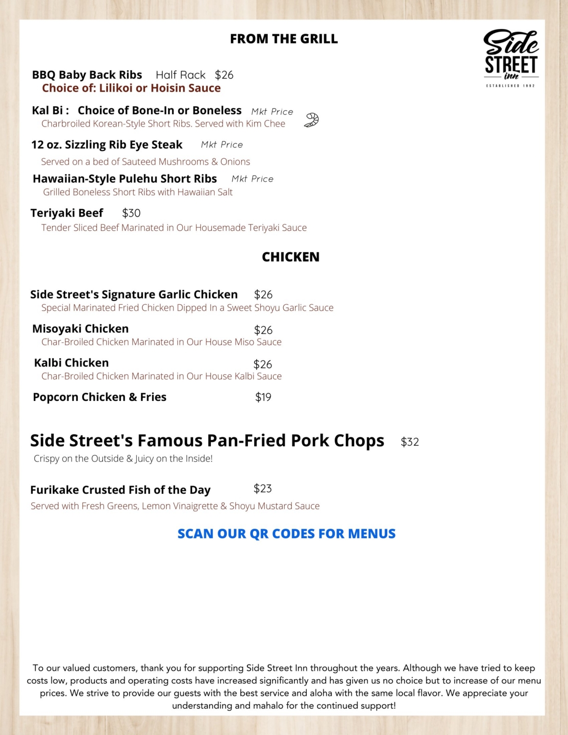 In-House Dining Menu - Side Street Inn