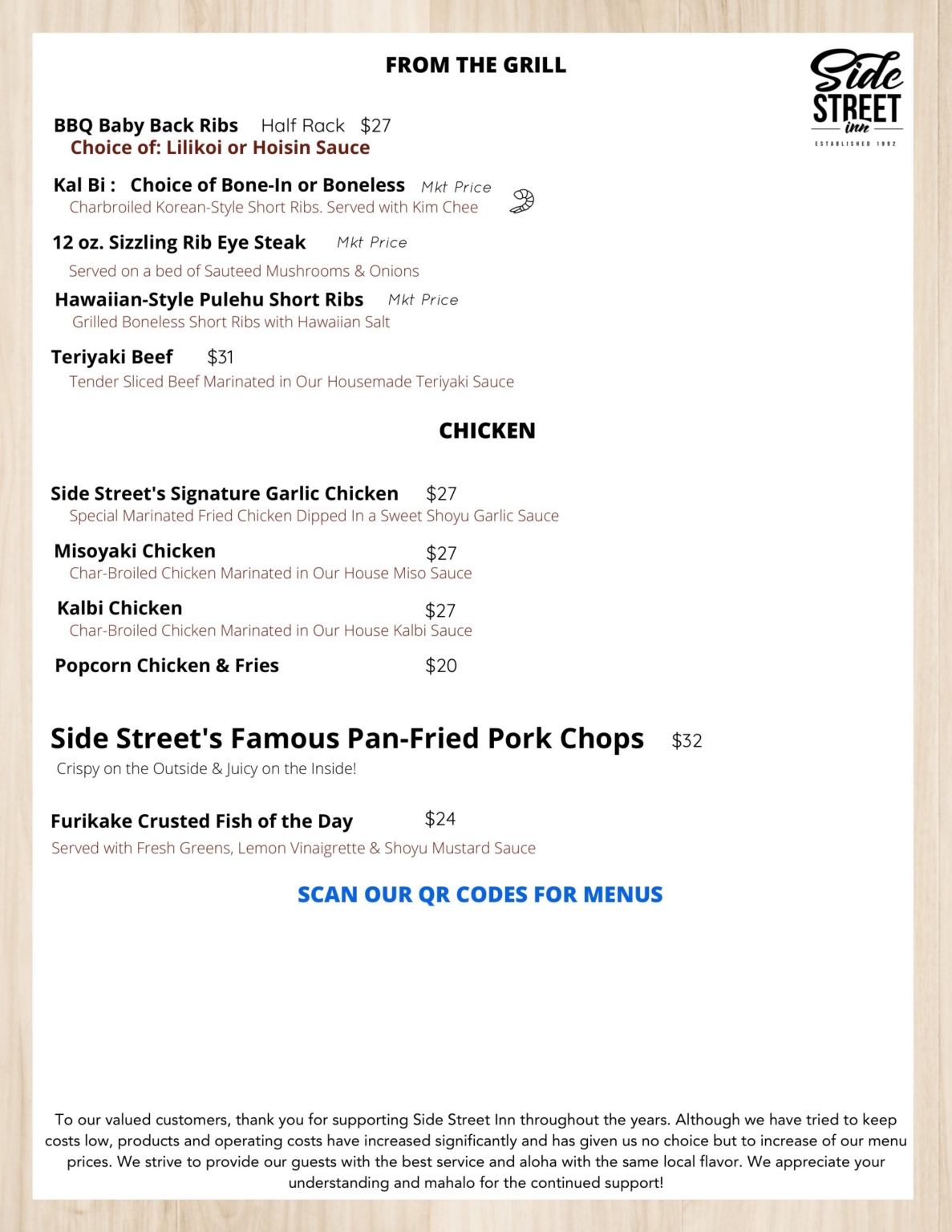 In-House Dining Menu - Side Street Inn