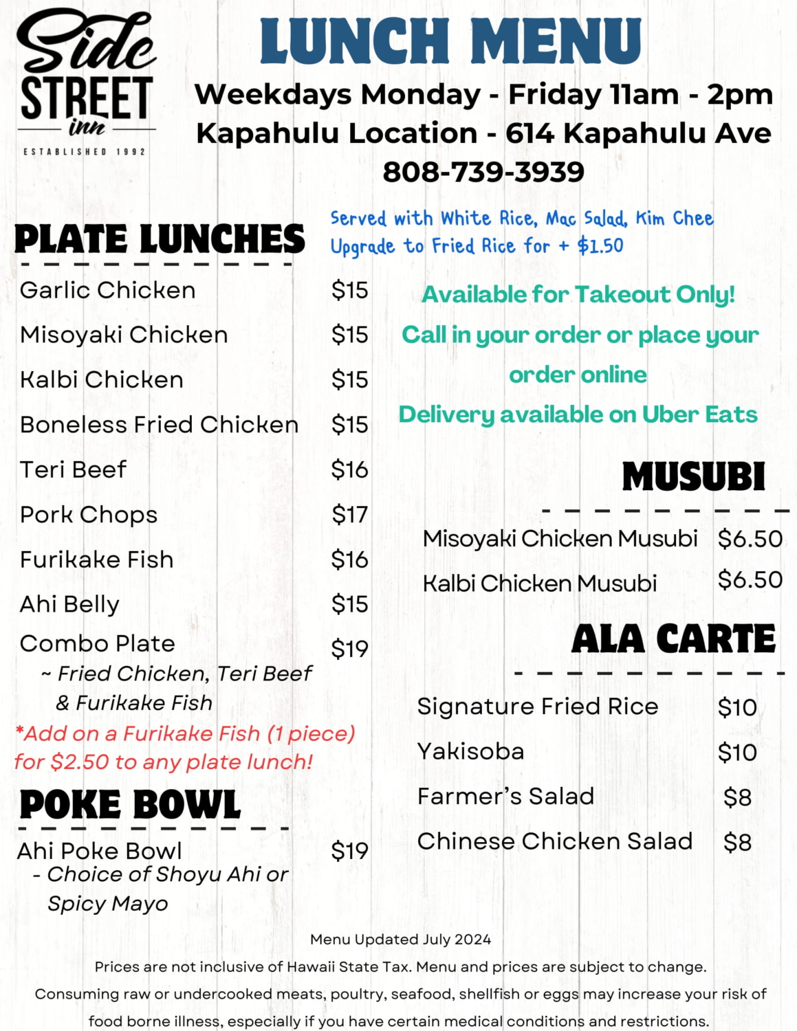 Weekday To Go Lunch Menu - Side Street Inn