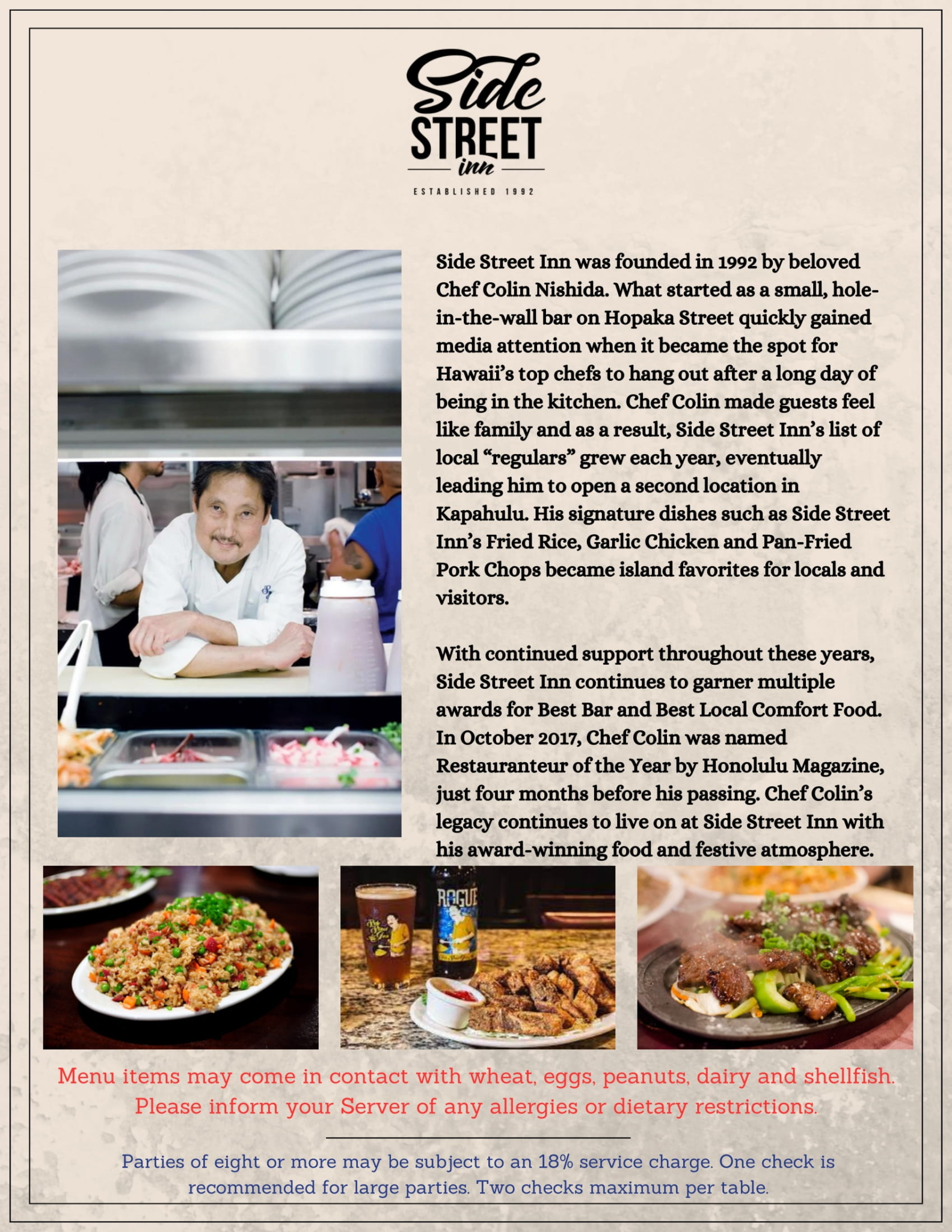 In-House Dining Menu - Side Street Inn