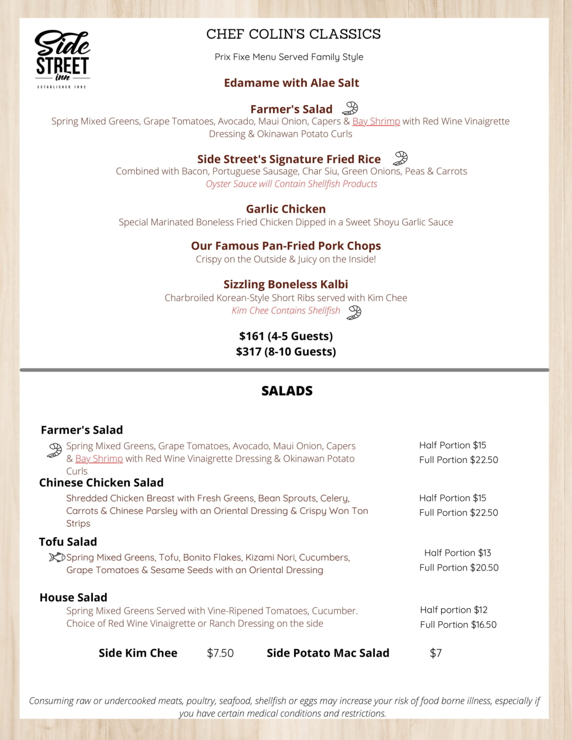 In-House Dining Menu - Side Street Inn
