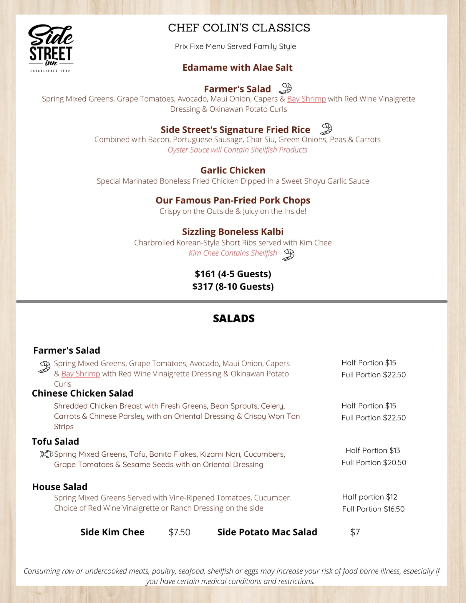 In-House Dining Menu - Side Street Inn