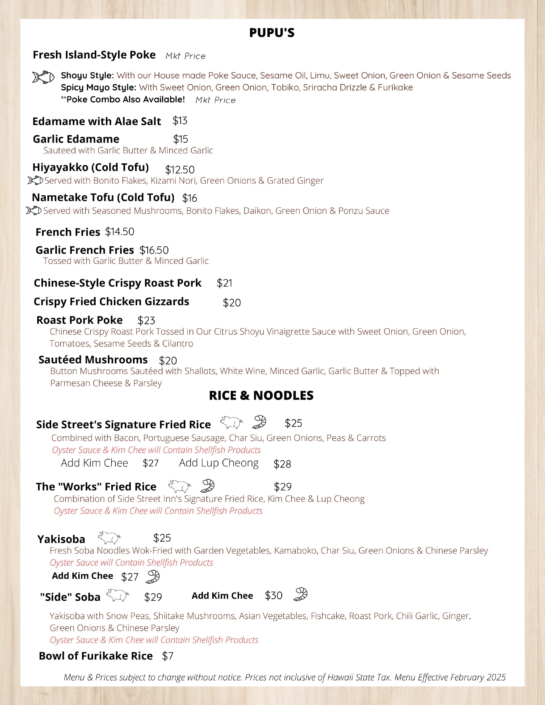 In-House Dining Menu - Side Street Inn