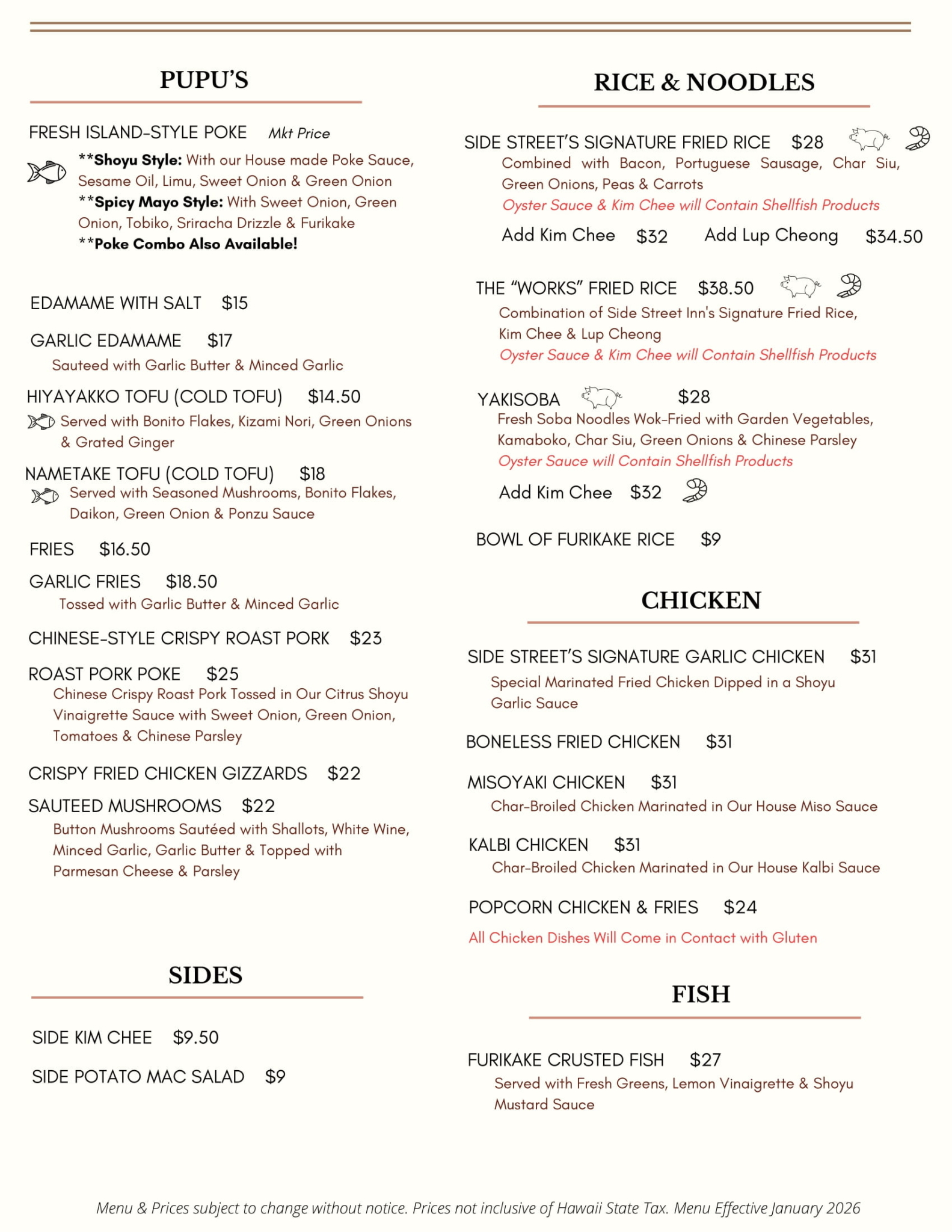 In-House Dining Menu - Side Street Inn